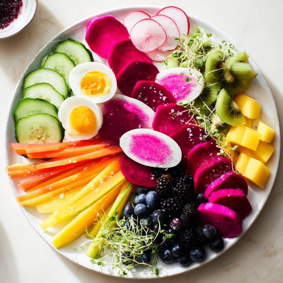 Bright pickled vegetables and vibrant fruits platter